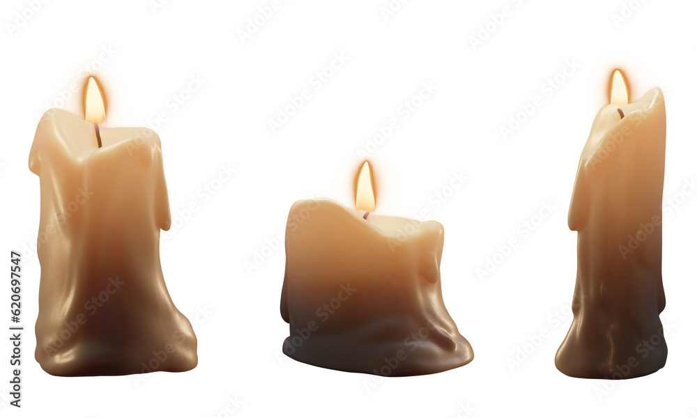 Melting wax candles isolated on transparent background with illuminated flame effect. 3D ...