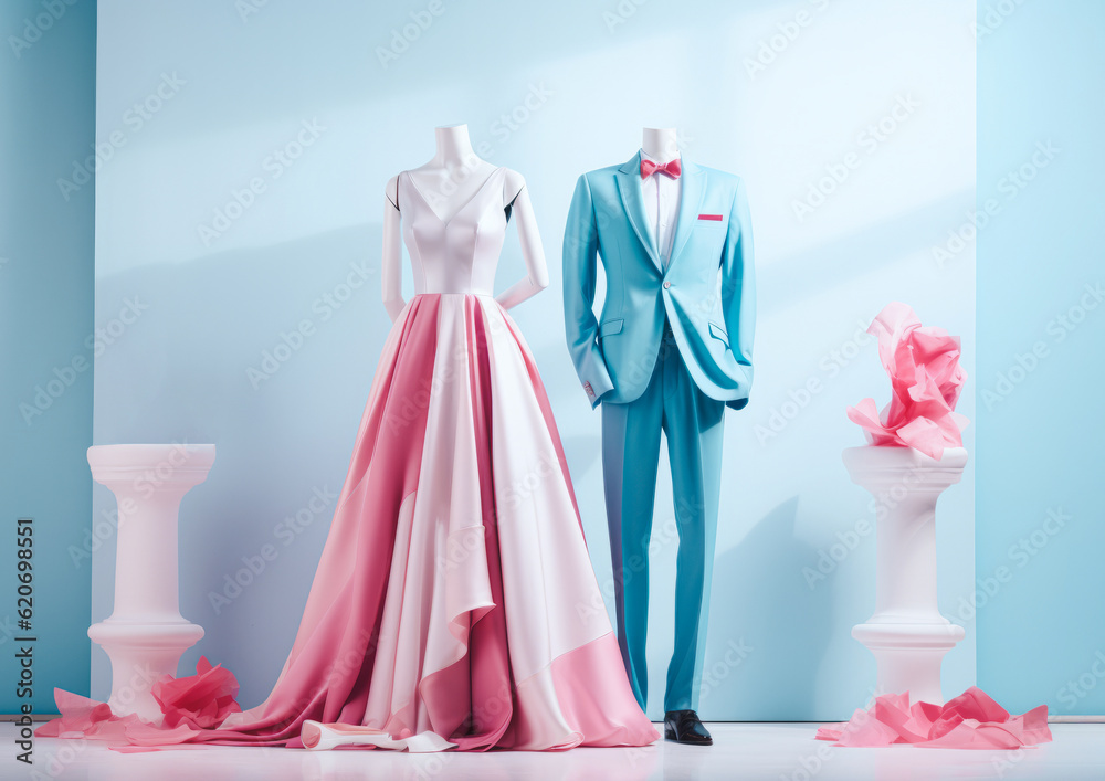 Surreal wedding scene of two mannequin dolls, a loving couple. Elegant ...
