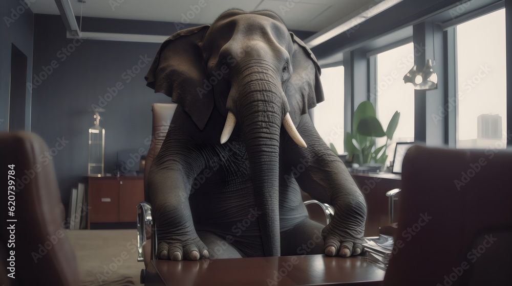 elephant wearing formal business suit like a boss in the office ...
