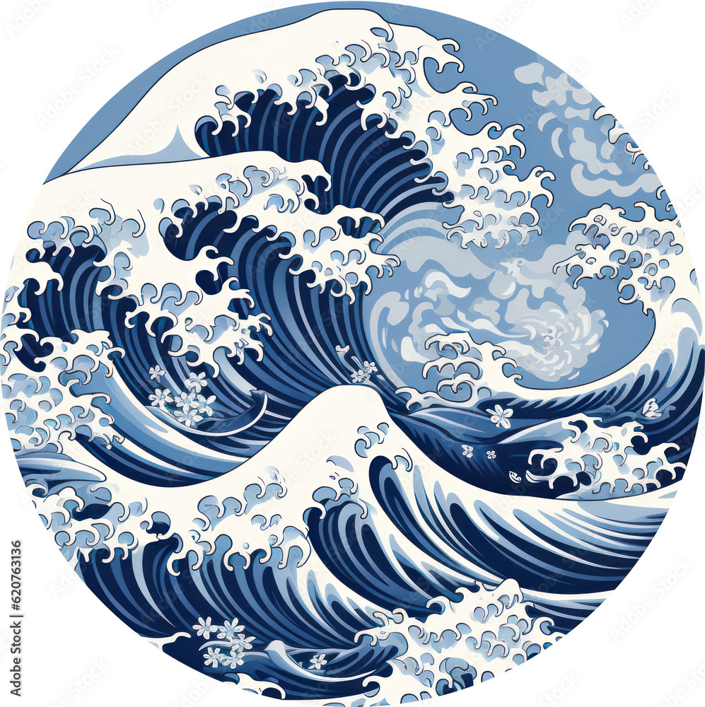 Traditional Japanese blue wave in circle. Beautiful line art of nature ...