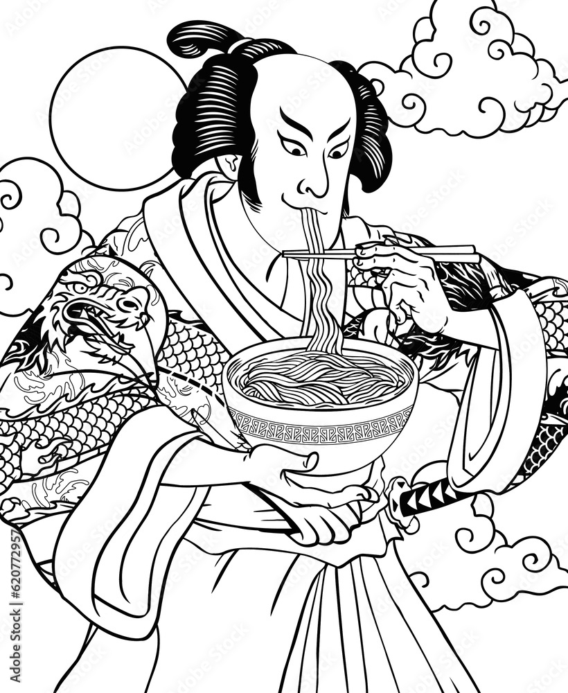 Black And White of Adult Coloring Page of A Man Eating Ramen in Ukiyo E ...