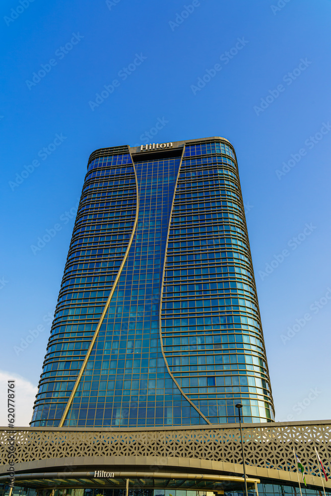 Uzbekistan, Tashkent - JUNE 17, 2023: Building of hotel Hilton on a ...