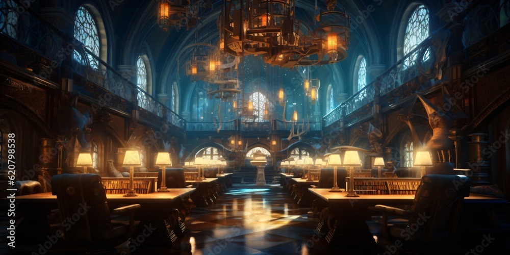 medieval library, gothic reading room interior with desks, old ...