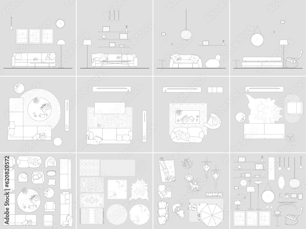 Architectural Drawings vector interior, living room illustration, sofa ...