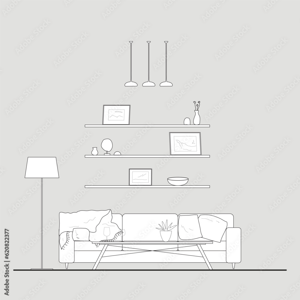 Architectural Drawings, elevation vector interior, living room ...