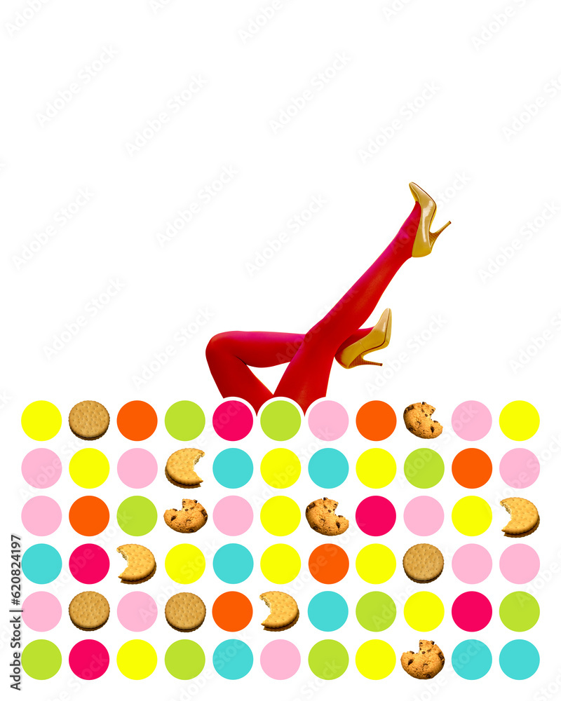 Contemporary art collage. Slender female legs in red tights and heels ...