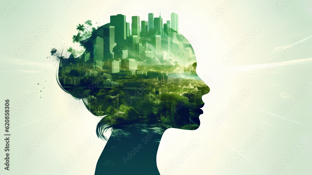 Symbolizing the green thinking concept, a woman's head silhouette is ...