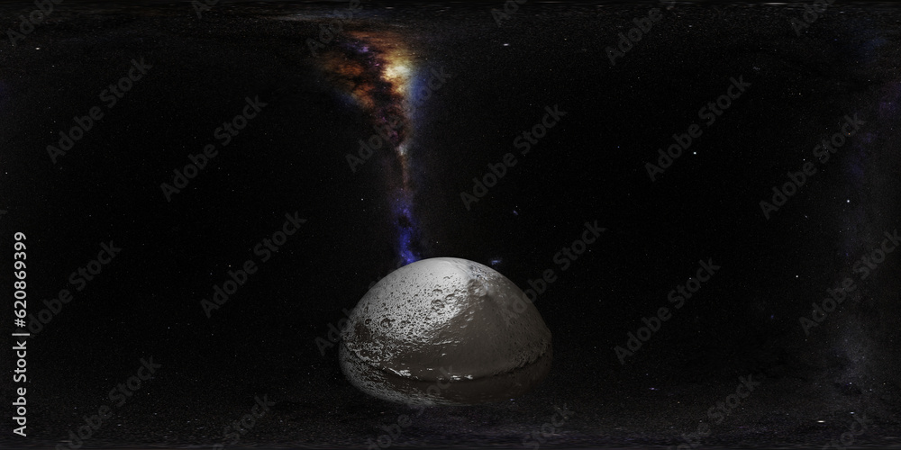 360 degree space background with Saturn's moon Iapetus, equirectangular ...