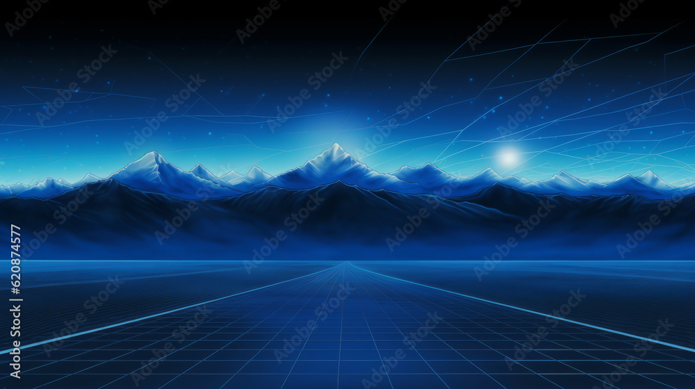 Blue landscape background with digital grid on the ground and mountains ...