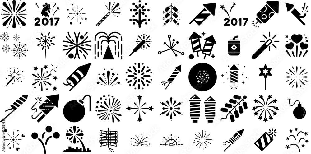 Mega Set Of Fireworks Icons Pack Hand-Drawn Black Cartoon Elements Icon ...