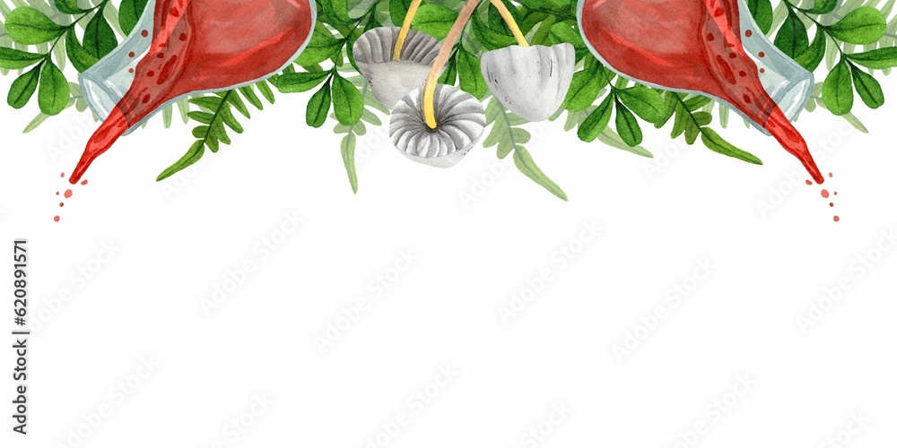 Frame border from potions bottles, toadstool mushrooms and ferns ...