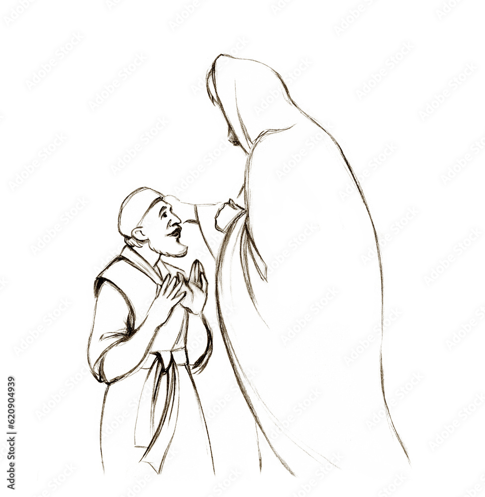 Jesus heals the sick. Pencil drawing Stock Illustration | Adobe Stock