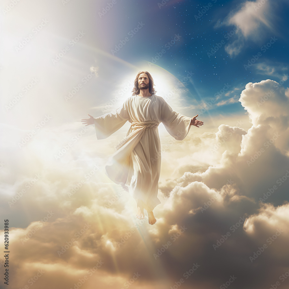 Stock-Foto „The resurrected Jesus Christ ascending to heaven above the ...