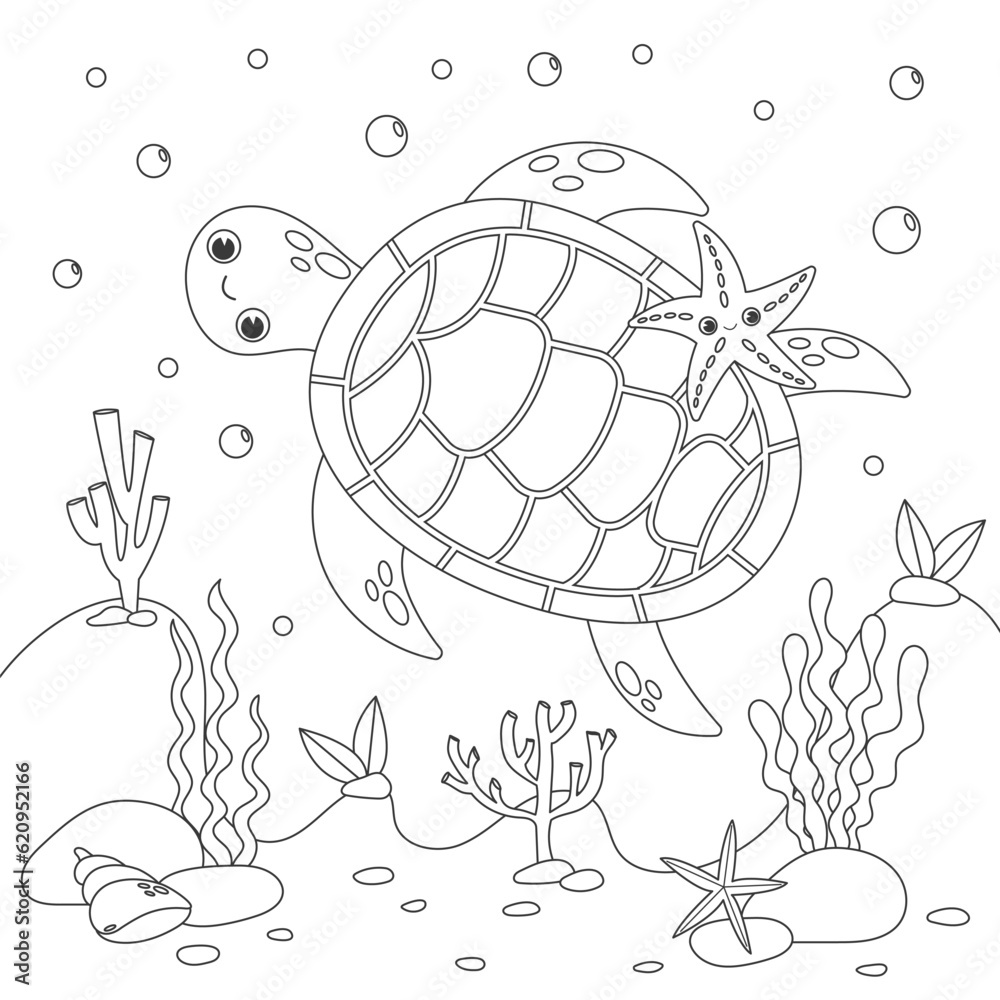 Coloring page. Little cute sea turtle swims underwater with bubbles and ...