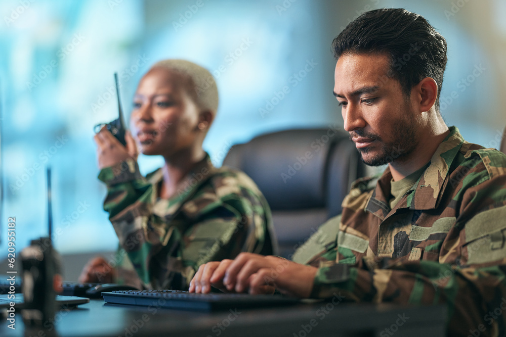 Walkie talkie, working and army team at the station with computer ...