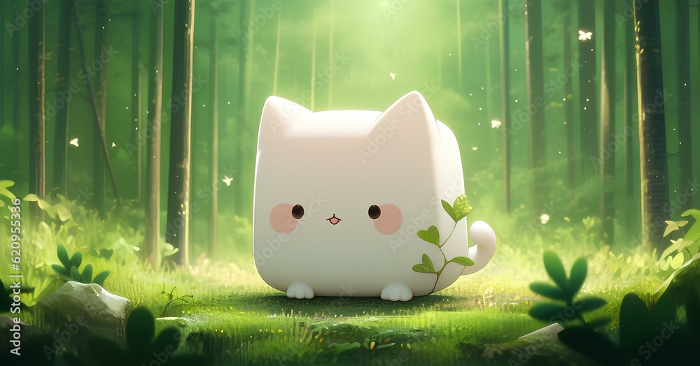 anime style super cute white cat hiding in the tree, chibi animation ...