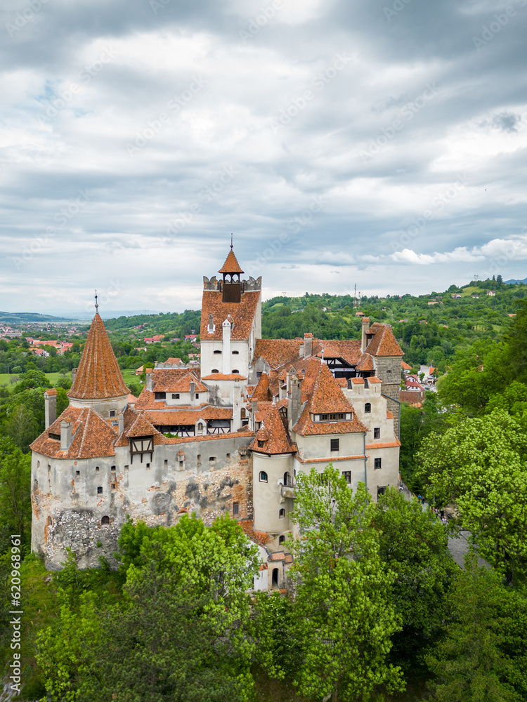 Medieval Bran Castle, aerial drone perspective. Known as Dracula's ...