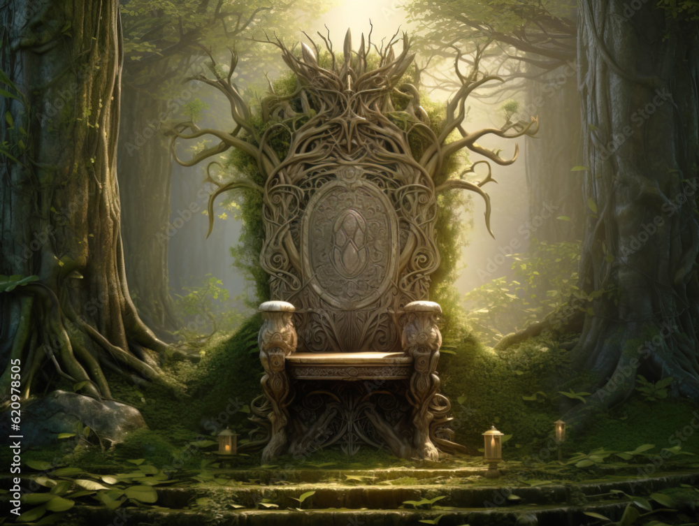 Decorated throne. The green throne standing in the forest. Stock Photo ...