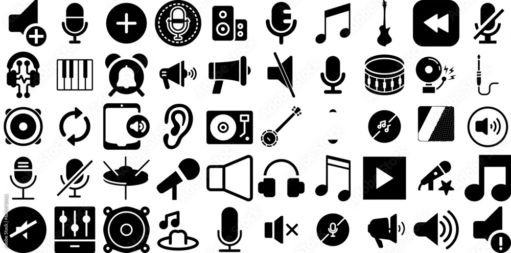 Huge Set Of Sound Icons Collection Hand-Drawn Black Design Glyphs Icon ...