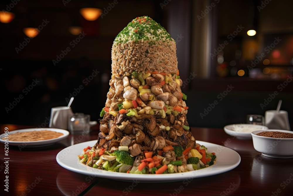 tower of sizzling wok-fried rice, mix of meats & veggies, created with ...
