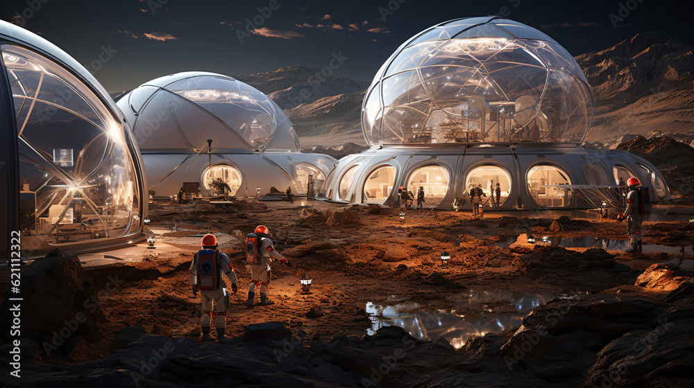 Ilustrace Project of Futuristic buildings in the Mars alien desert ...