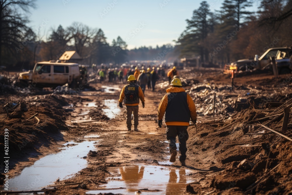 Photograph of emergency response teams mobilizing in the aftermath of a ... Photograph of emergency response teams mobilizing in the aftermath of a ...