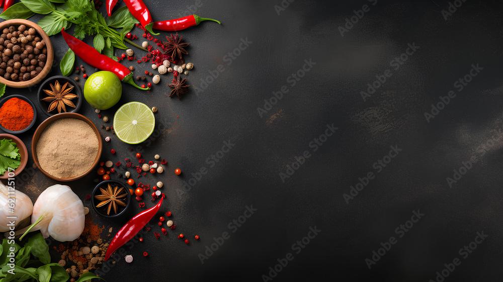 Asian food background with various ingredients on rustic stone ...
