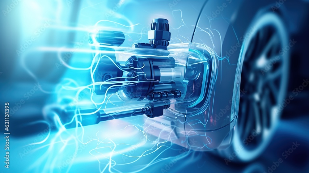 Double exposure Electric vehicle EV car Power cable with pump plug in ...