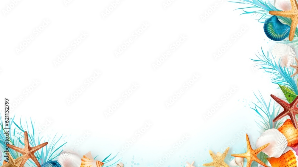 Sea elements card template, beach background design with border frame ...