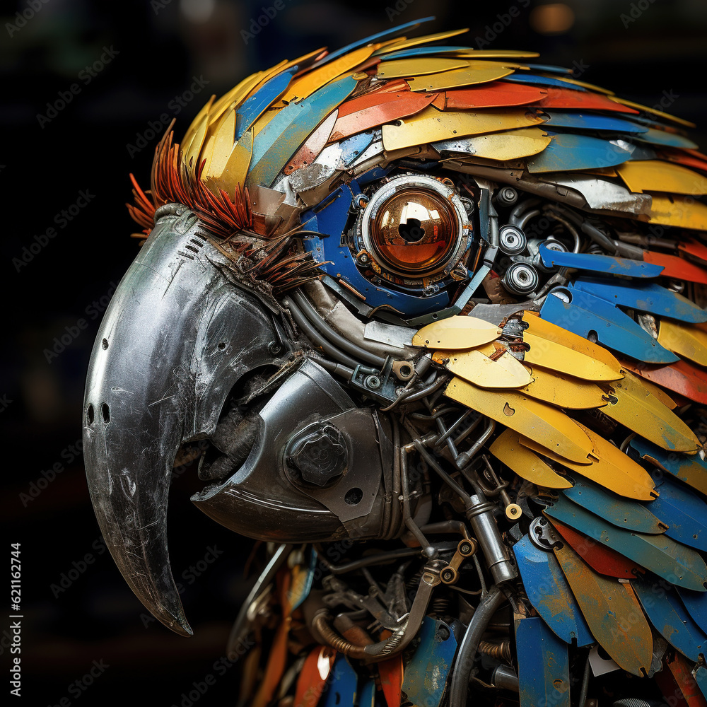 Image of macaw parrot face made with steel and various metals on clean ...