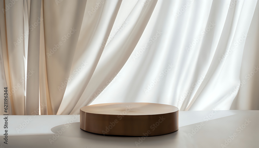 interior of a room, a round wooden table sitting in front of a white ...