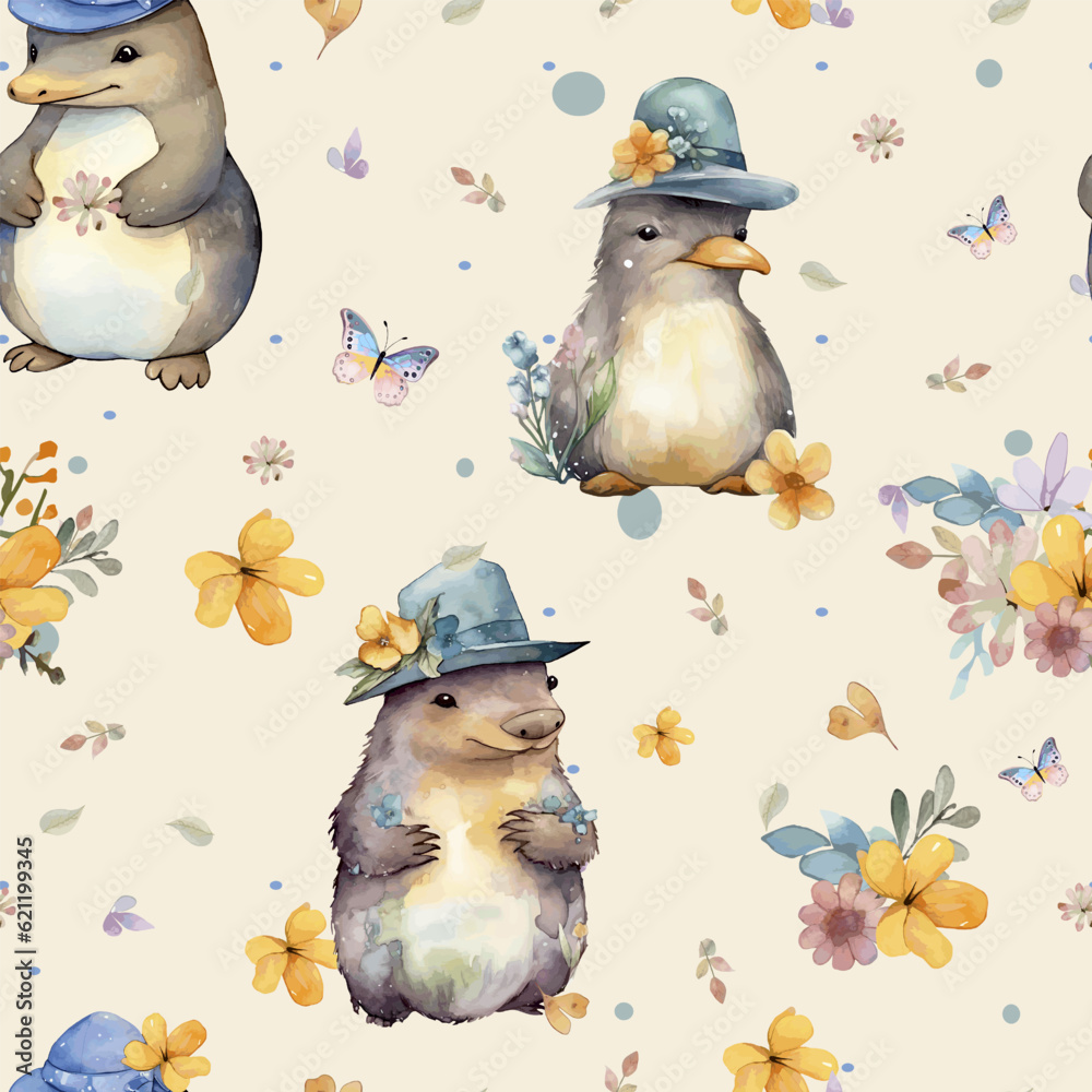 Pattern of cute platypuses in hats. Ornithorhynchus anatinus. Pattern ...