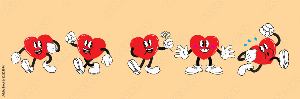 A set of five vintage, cartoon-style heart characters with smiling ...