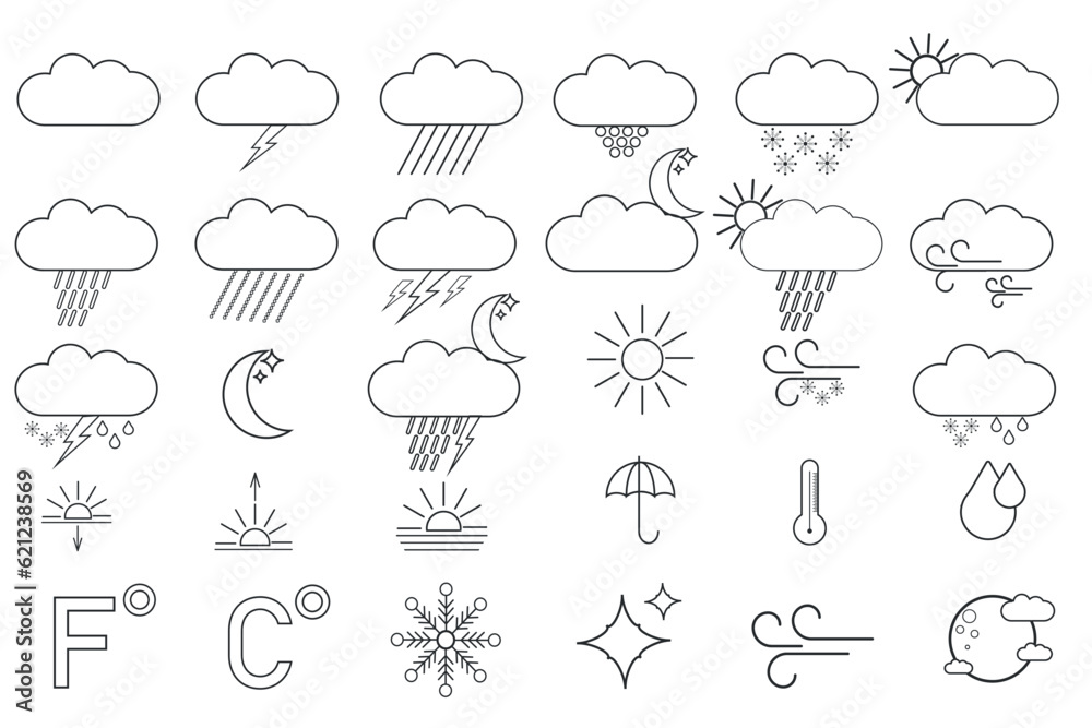 Collection of meteorological icons or symbols for weather forecast ...