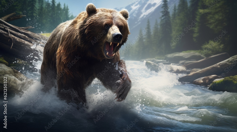 Generative AI. A brown bear came to a clear mountain river to get food ...