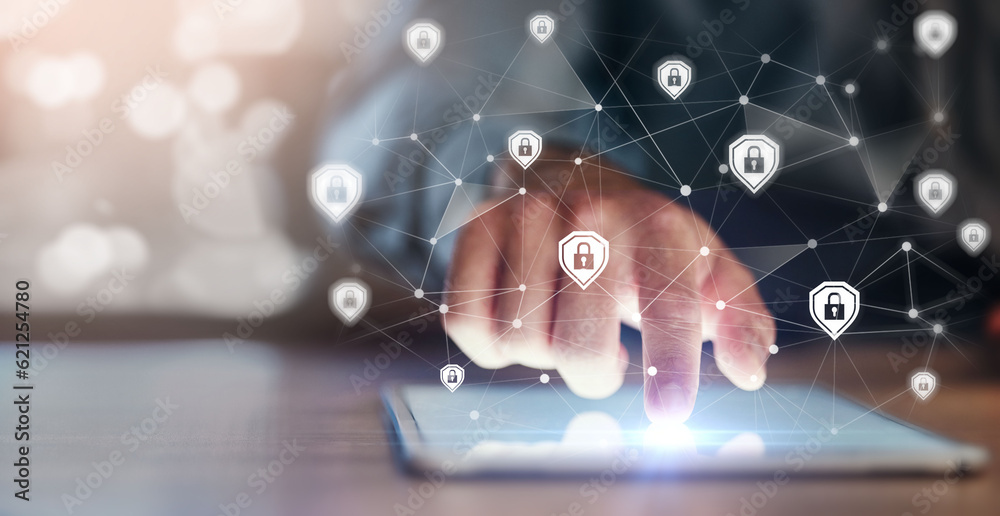 Tablet, data protection and person in hologram for cyber security ...
