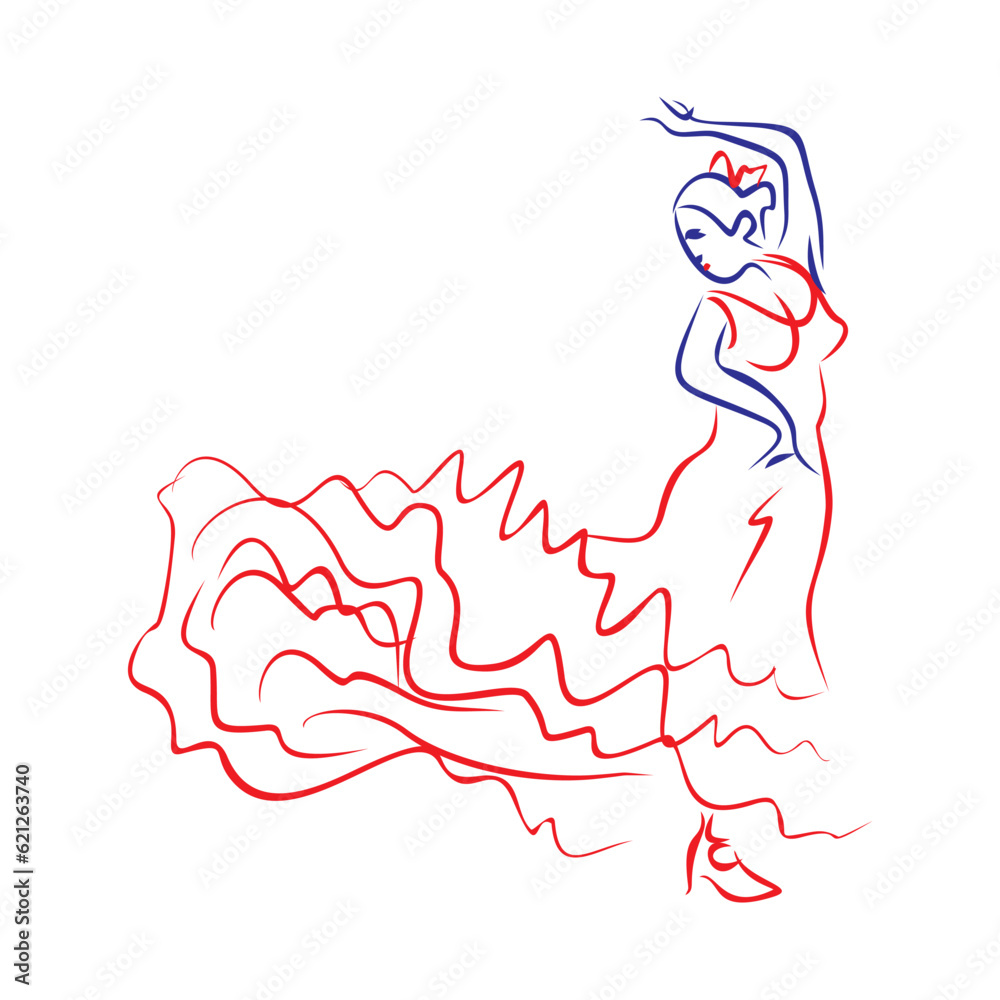 Continuous line drawing of a flamenco woman dancer. Hand drawn, vector ...