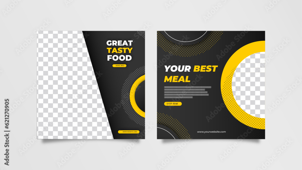 2 social media posters for restaurants in dark grey and yellow colors ...