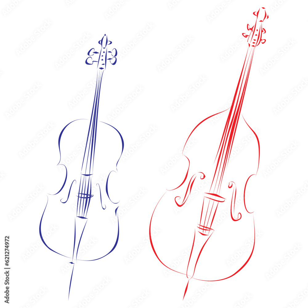 Continuous line drawing of a cello and a double bass, isolated on white ...