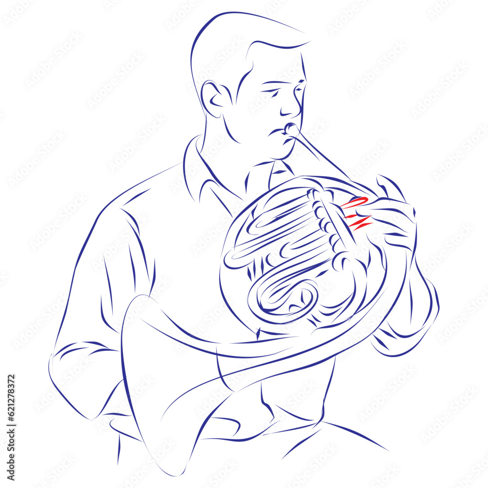 Continuous line drawing of a musician playing a modern horn music ...