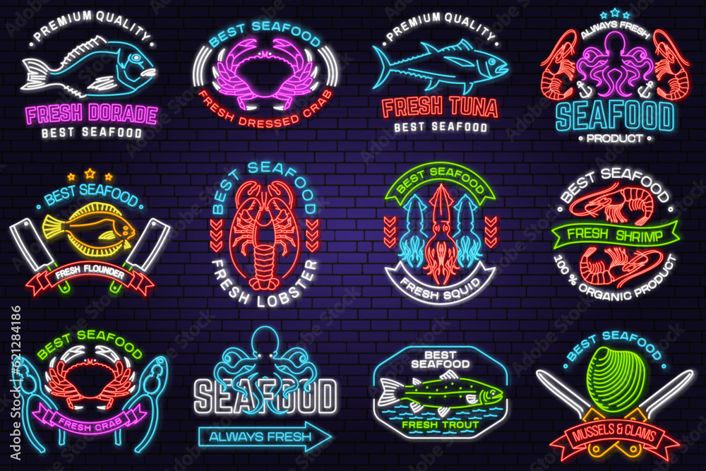 Set of best seafood neon sign. Fresh tuna, octopus, trout, shrimp ...