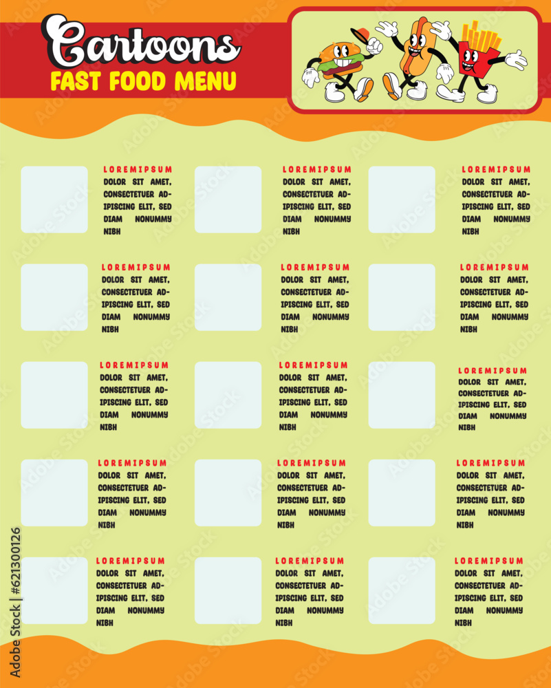 Fast food restaurant menu design with vintage funny cartoon mascots ...