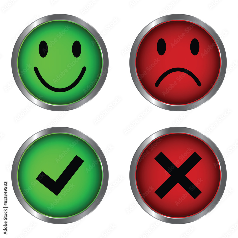Glossy Happy And Sad Faces, True And False Check Mark, Tick And Cross ...