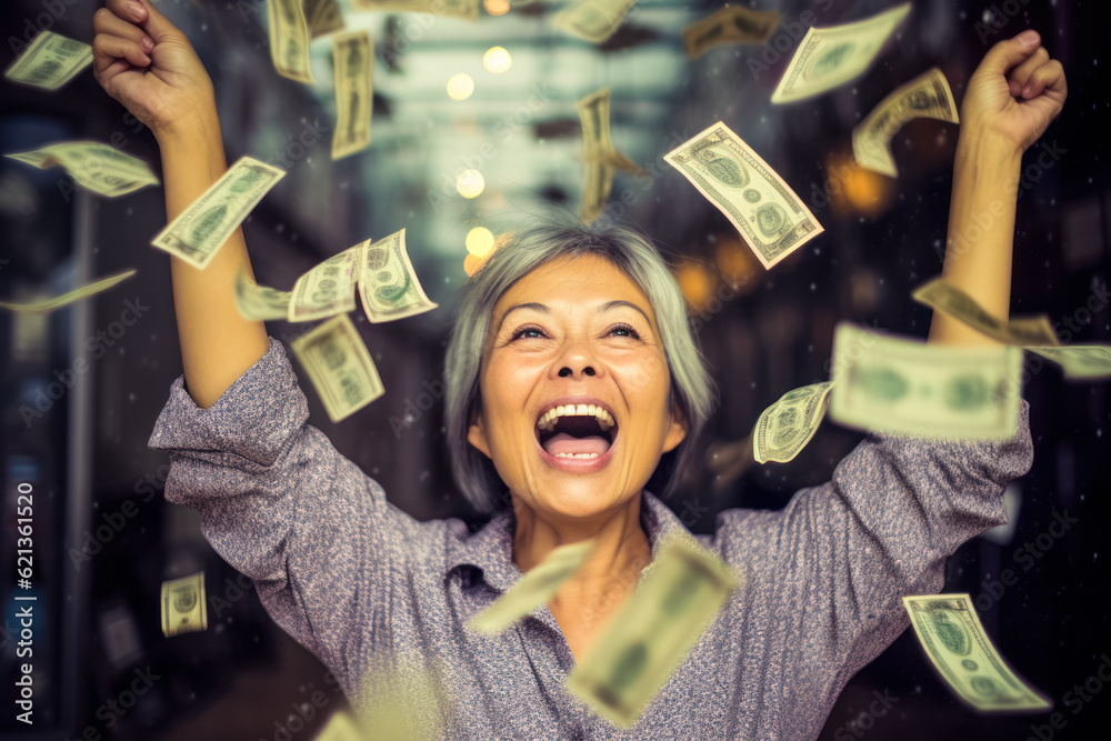 Winning a lottery concept. Smiling older Asian woman with gray hair ...