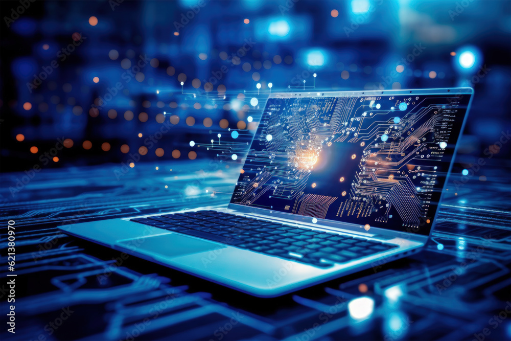 Futuristic illustration about computer technology with a laptop in neon ...