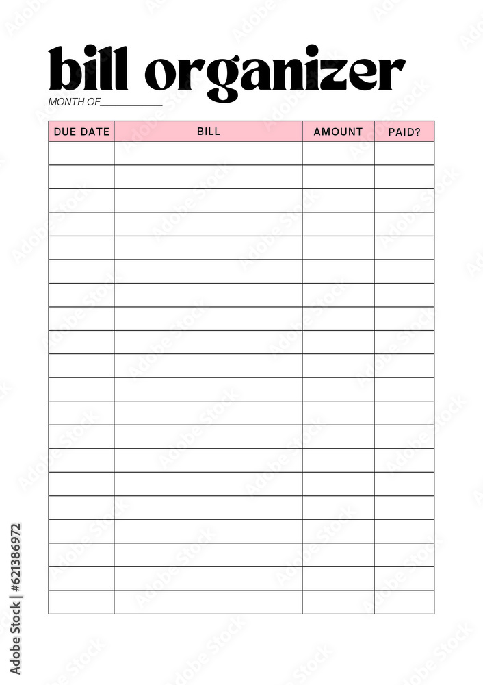 Bill organizer digital planning insert sheet printable page template ...