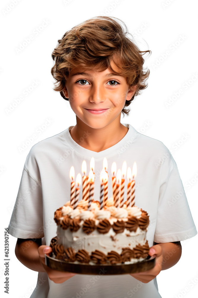 Happy birthday boy holding his own birthday cake over white transparent ...