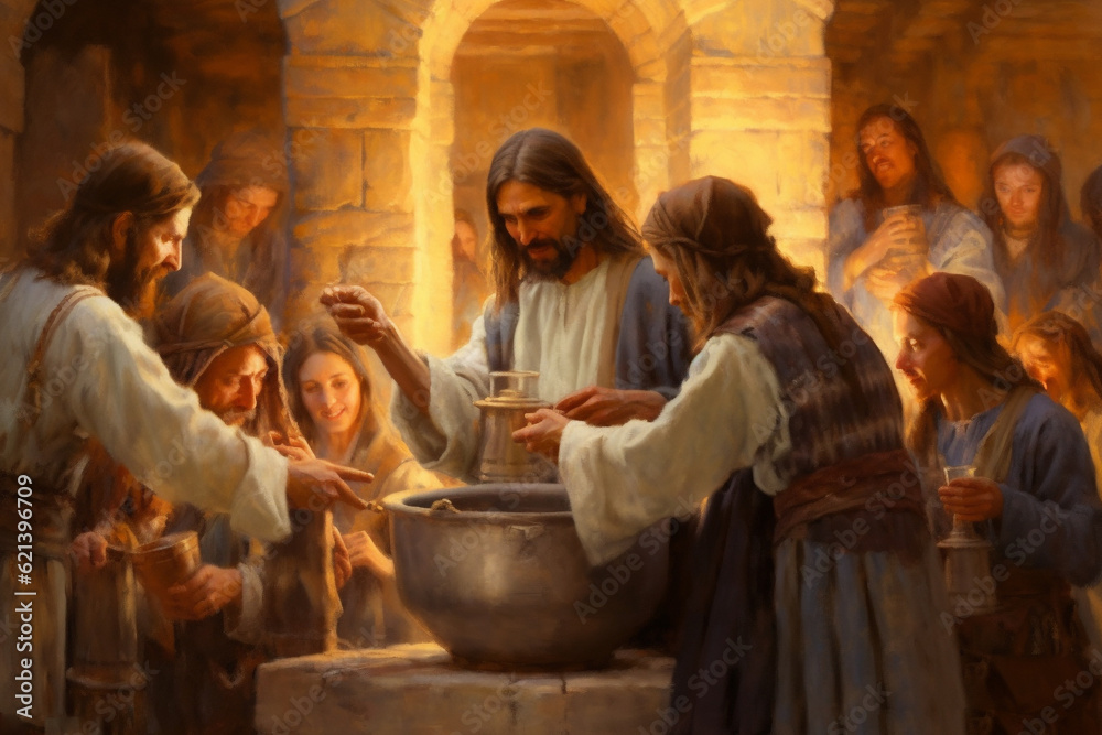 Jesus Christ turns water into wine. Religion Bible. History. During a ...