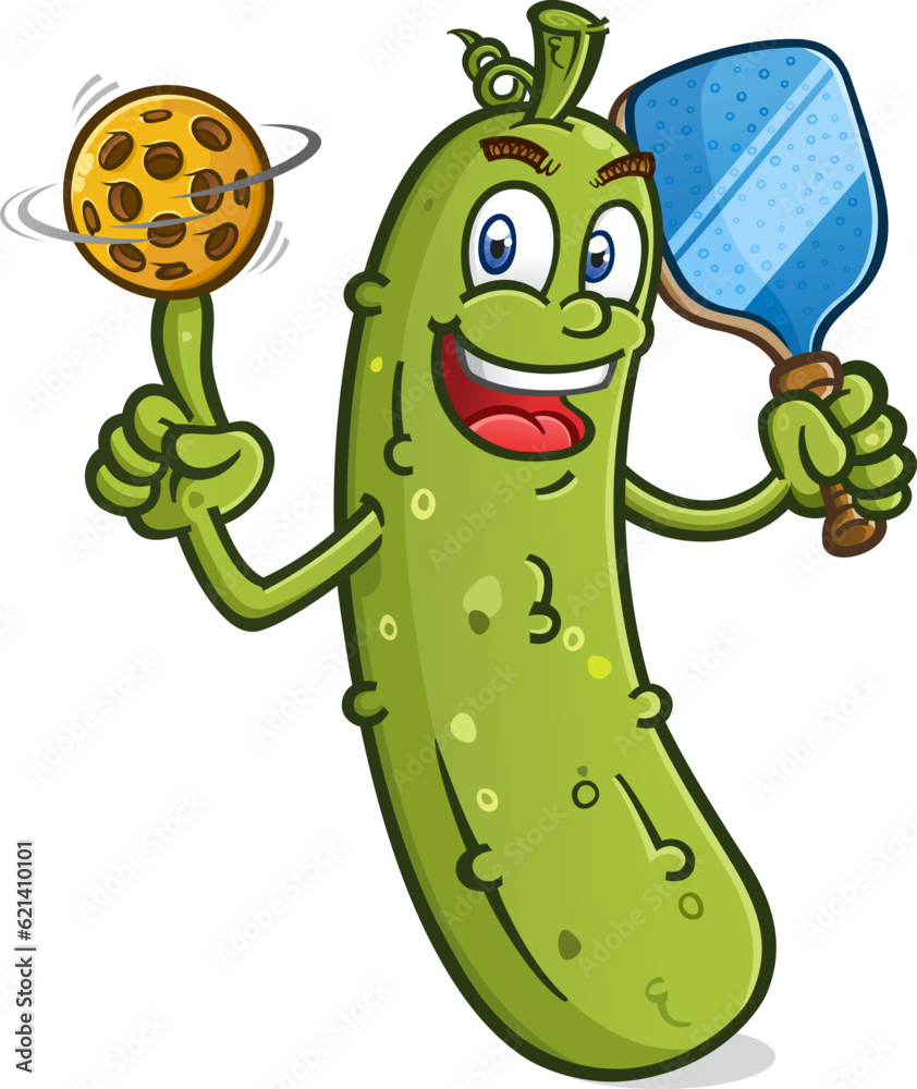 Tall lanky Pickle cartoon spinning a yellow plastic pickleball on his ...
