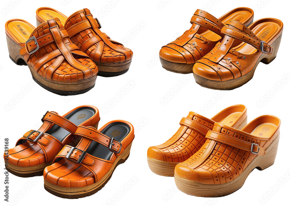 collection of four pairs of brown, leather and wooden clogs on a ...